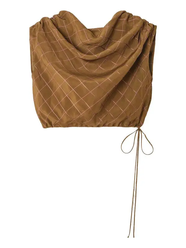 KALLMEYER Checked Draped Voile Top With Knot Detailing - Brown