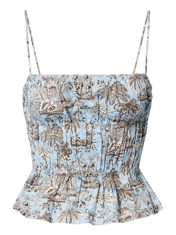 Staud Floral Ruched Cotton Top - Blue