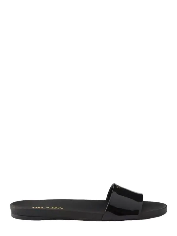 Prada Logo Patent Leather Slides - Black