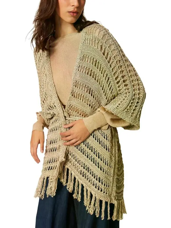 TWINSET Knitted Fringed Poncho With Self-tie Belt - Neutrals