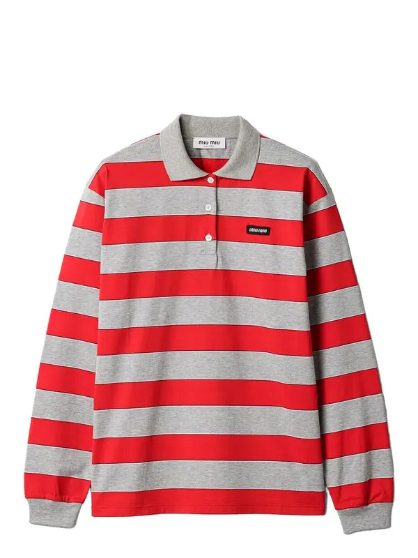 Miu Miu Striped Jersey Long Sleeve Polo Shirt - Red/gray