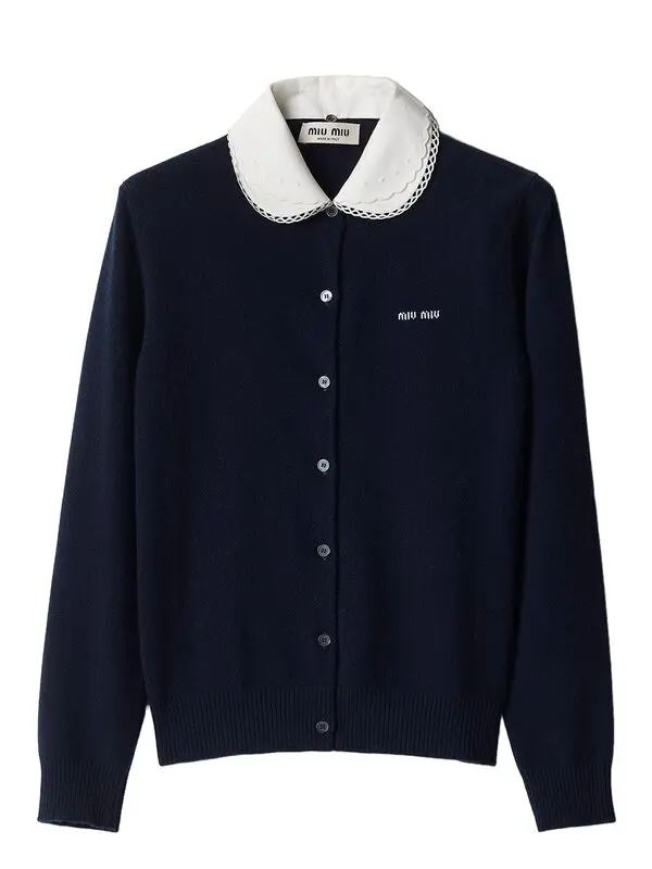 Miu Miu Cashmere Cardigan With Embroidered Poplin Collar - Navy