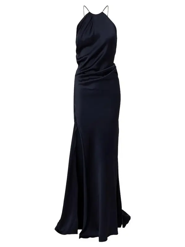 Victoria Beckham Chain Detail Draped Crepe Satin Gown - Blue