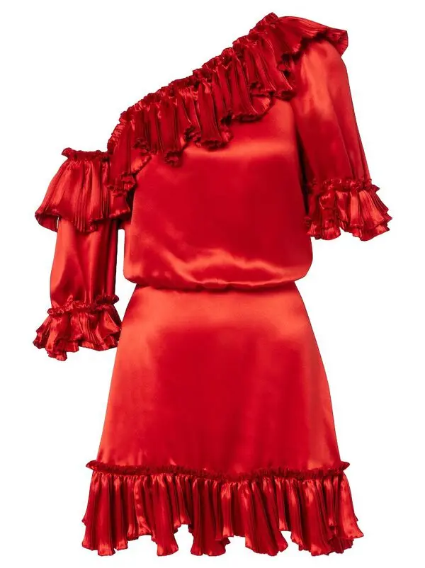 Saint Laurent Ruffled Silk Satin Mini Dress - Red