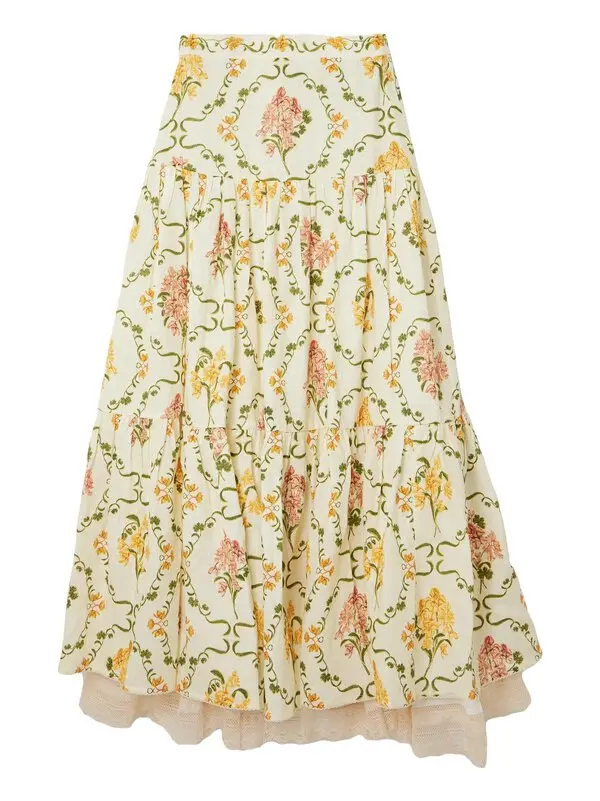 Agua Bendita Tiered Floral Print Linen Maxi Skirt With Lace Trim - Multi