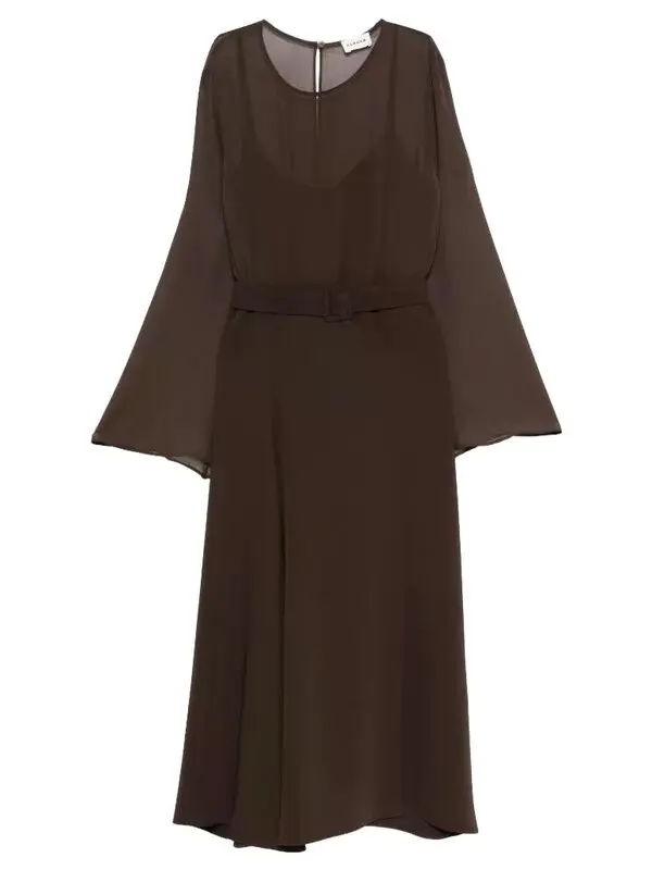 P.a.r.o.s.h Belted Midi Dress With Sheer Bell Sleeves - Brown
