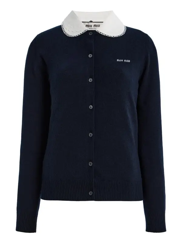 Miu Miu Cashmere Cardigan With Detachable Embroidered Collar - Navy