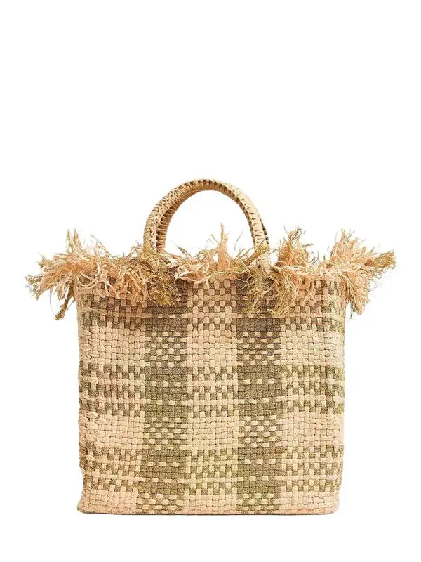 Pamela Munson Woven Raffia Top Handle Bag With Fringe Trim - Neutrals