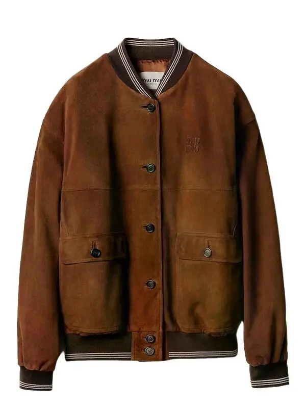 Miu Miu Logo-patch Suede Bomber Jacket - Brown