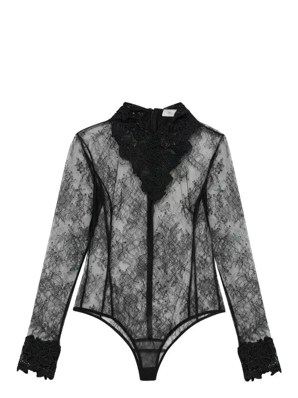 Blumarine Lace High Neck Long Sleeve Bodysuit - Black