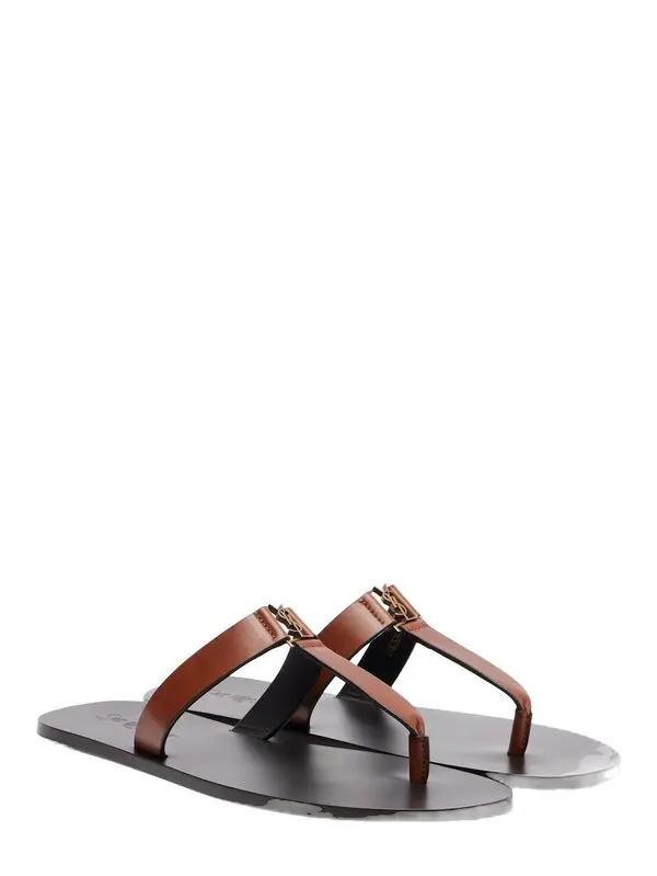 Saint Laurent Cassandre Leather Thong Sandals - Brown