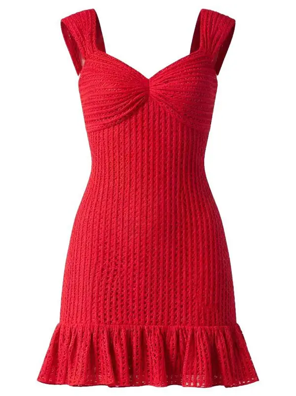 Tadashi Shoji Sweetheart Neck Ruffled Knit Mini Dress - Red