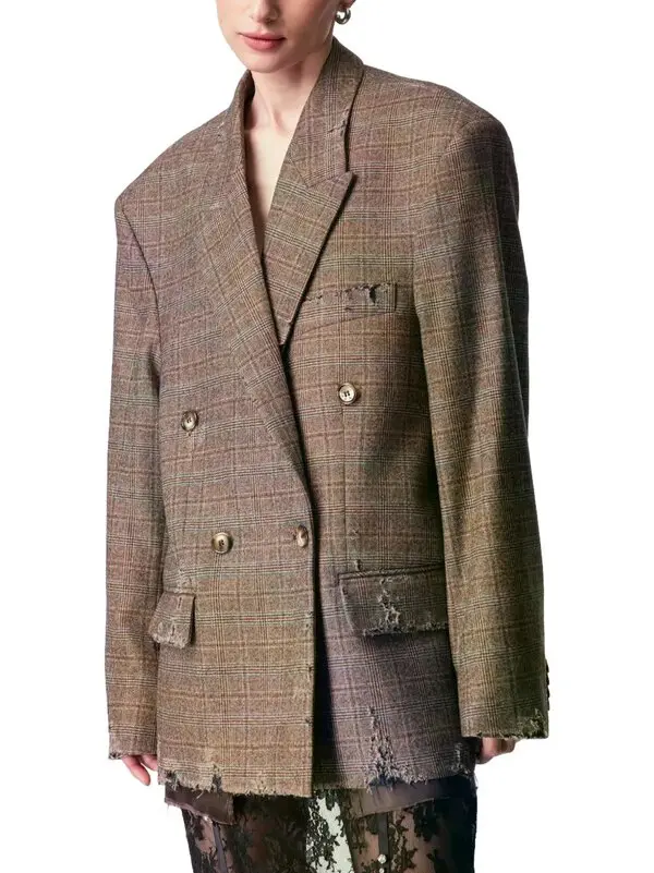 ARTICLE TEN Distressed Plaid Double-breasted Blazer - Brown