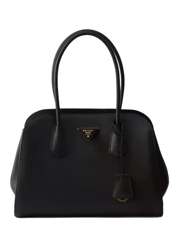 Prada Medium Leather Tote Bag With Triangle Logo Plaque - Black