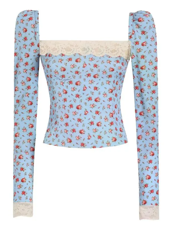 Dolce & Gabbana Floral-print Lace-trim Top - Blue