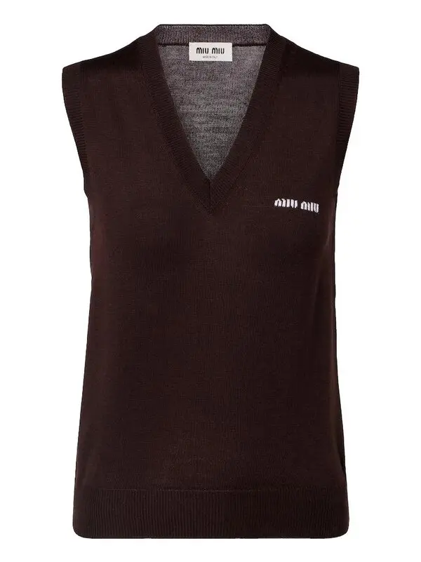 Miu Miu Logo Virgin Wool V-neck Sweater Vest - Brown