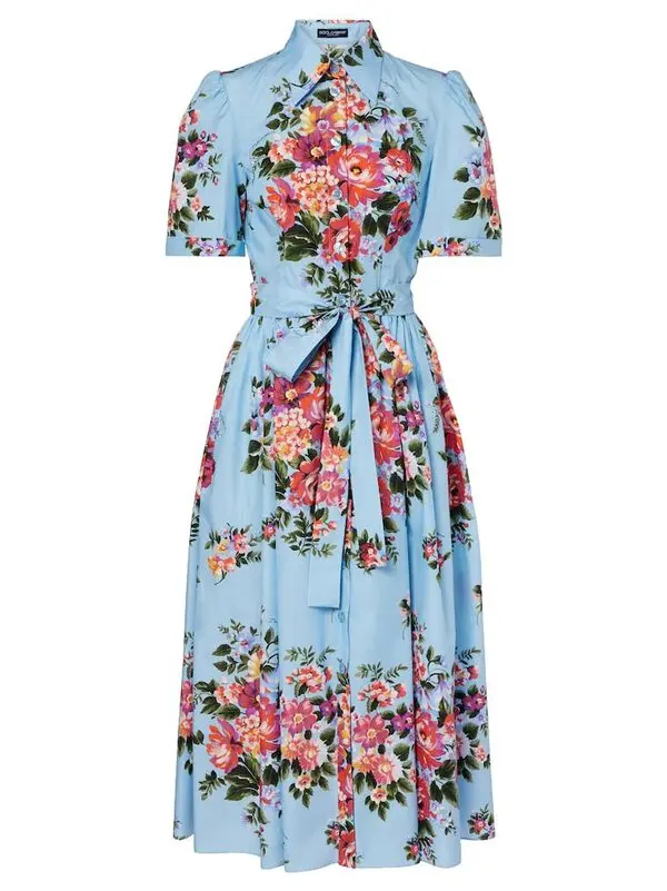 Dolce & Gabbana Floral Print Cotton Poplin Shirt Dress - Blue