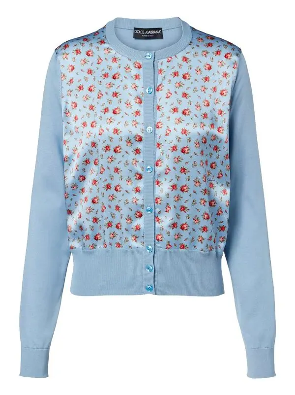 Dolce & Gabbana Floral Paneled Silk Satin Cardigan - Blue