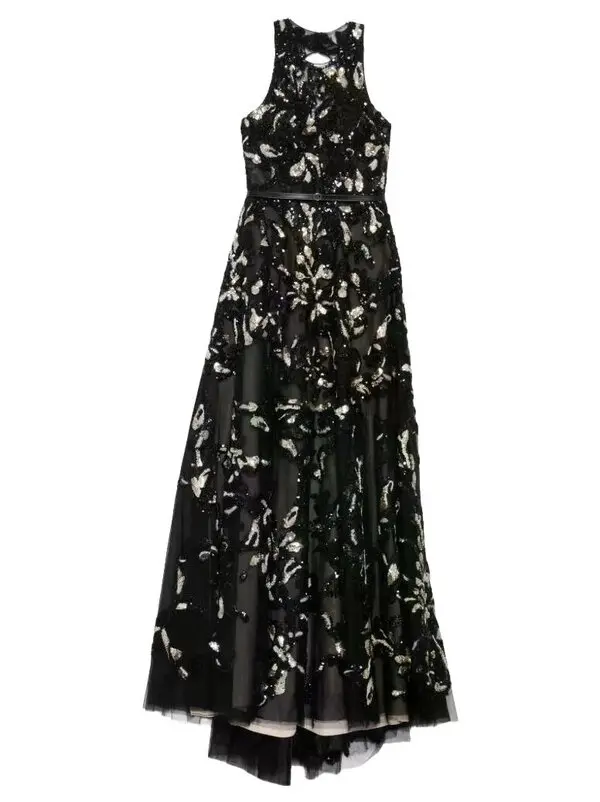 SAIID KOBEISY Embroidered Tulle Long Dress With Sequins - Black