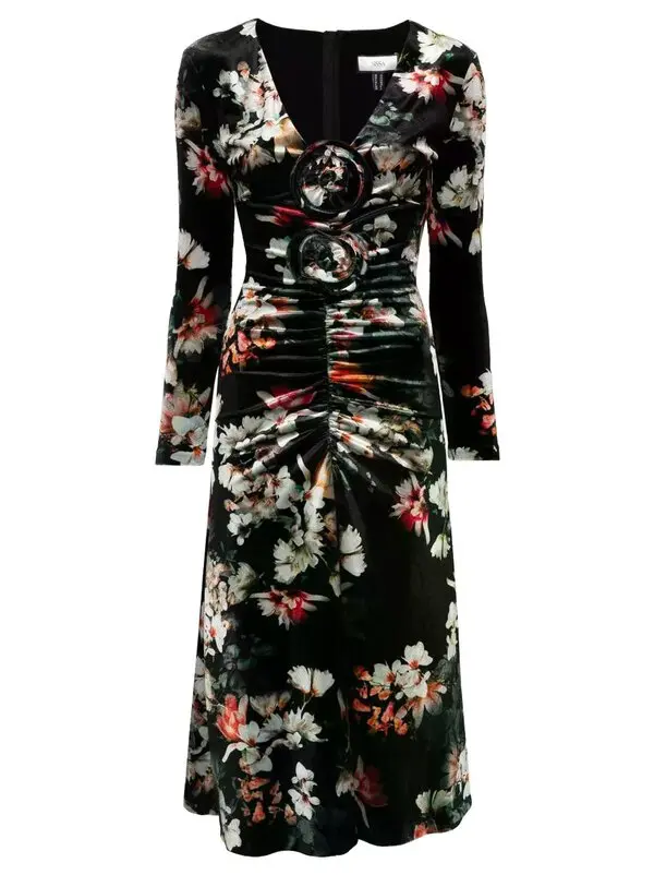 NISSA Floral Print Ruched Midi Dress - Black
