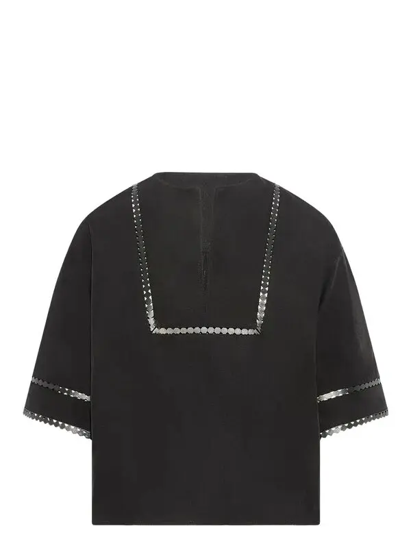 YVES SALOMON Short Sleeve Poplin Blouse With Leather Trim - Black