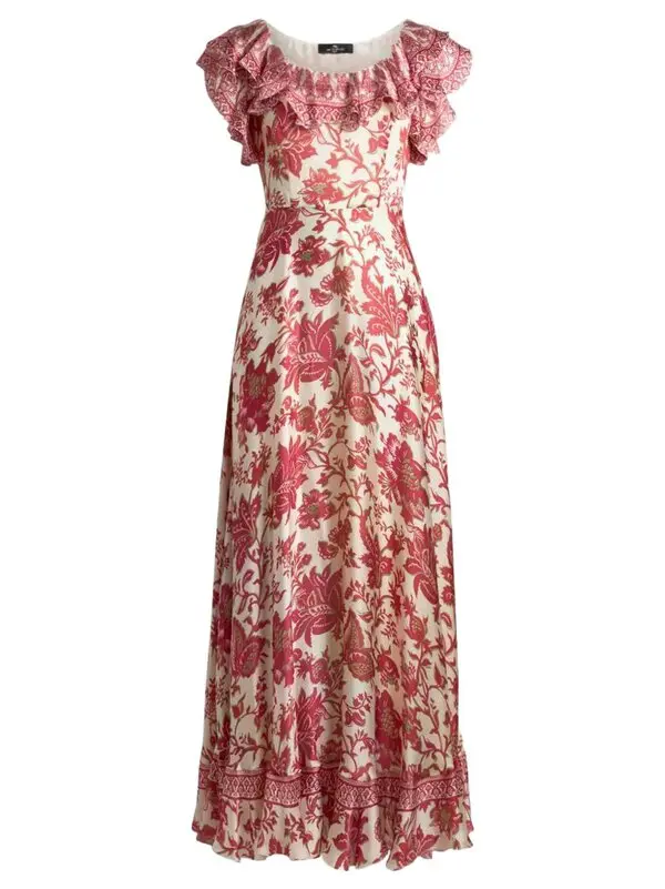 Etro Peau D'ange Silk Long Dress With Floral Motif - Neutrals