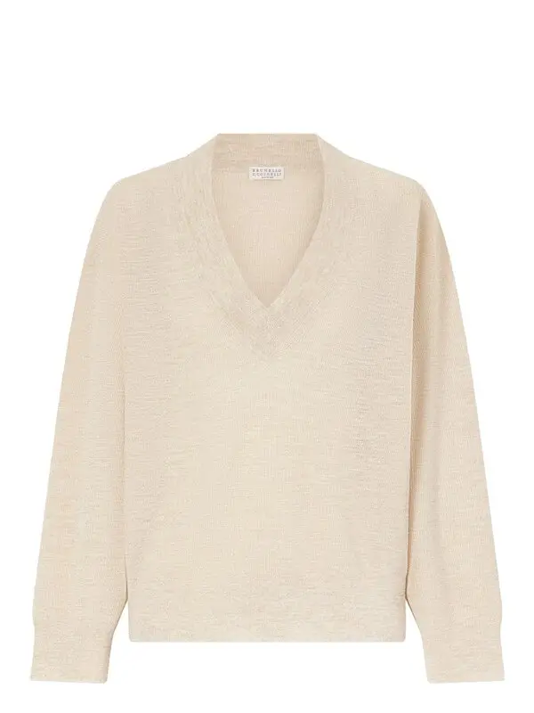 Brunello Cucinelli V-neck Knitted Sweater With Metallic Fibres - Neutrals