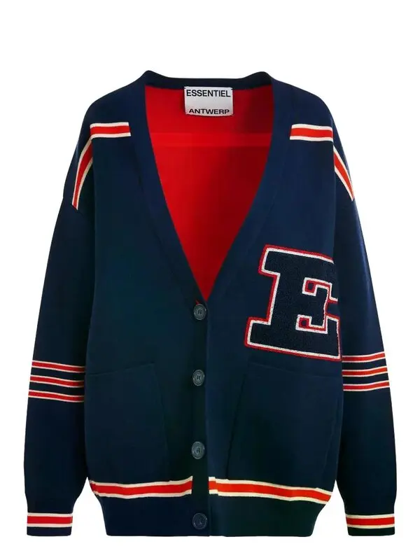 Essentiel Antwerp Striped Letter-appliqué Cardigan - Blue