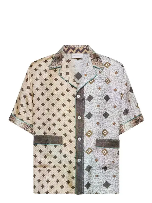 PIERRE-LOUIS MASCIA Aloe Geometric Print Camp Collar Shirt - Neutrals