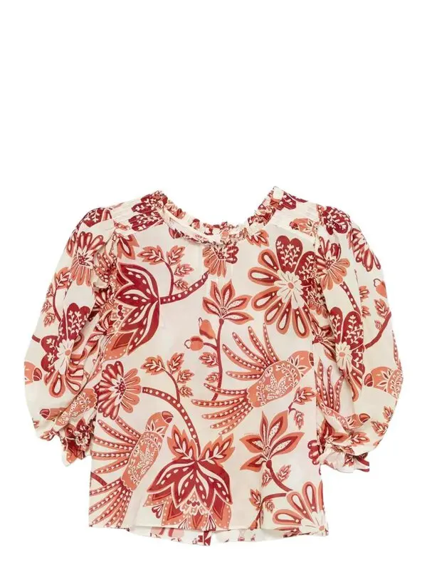 Farm Rio Ruffled Neck Floral Print Blouse - Neutrals
