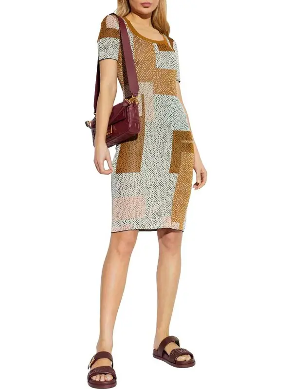 Fendi Viscose Jacquard Knit Dress With Geometric Pattern - Neutrals