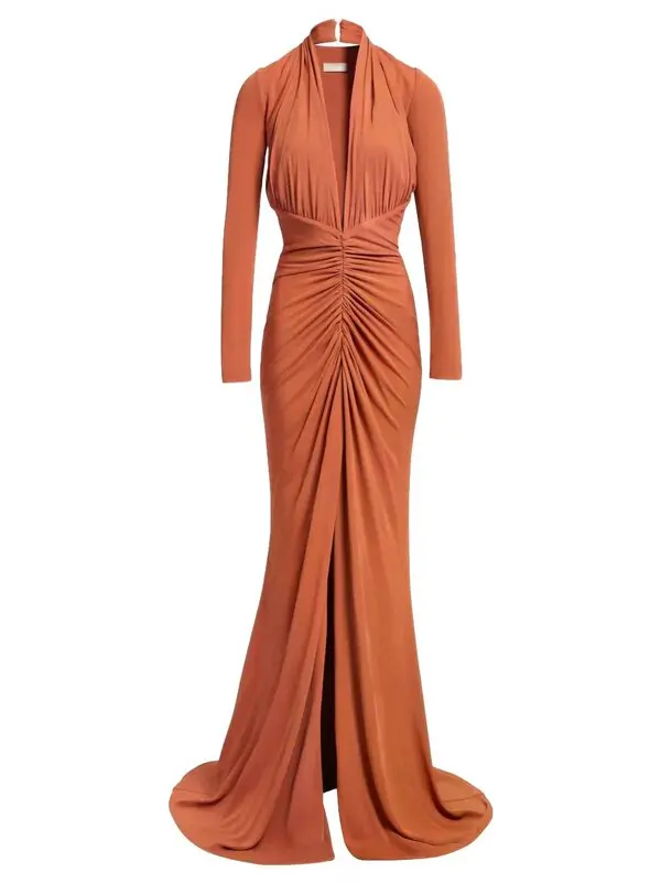 Elie Saab Criss-cross Halterneck Maxi Dress With Ruched Detail And Front Slit - Orange