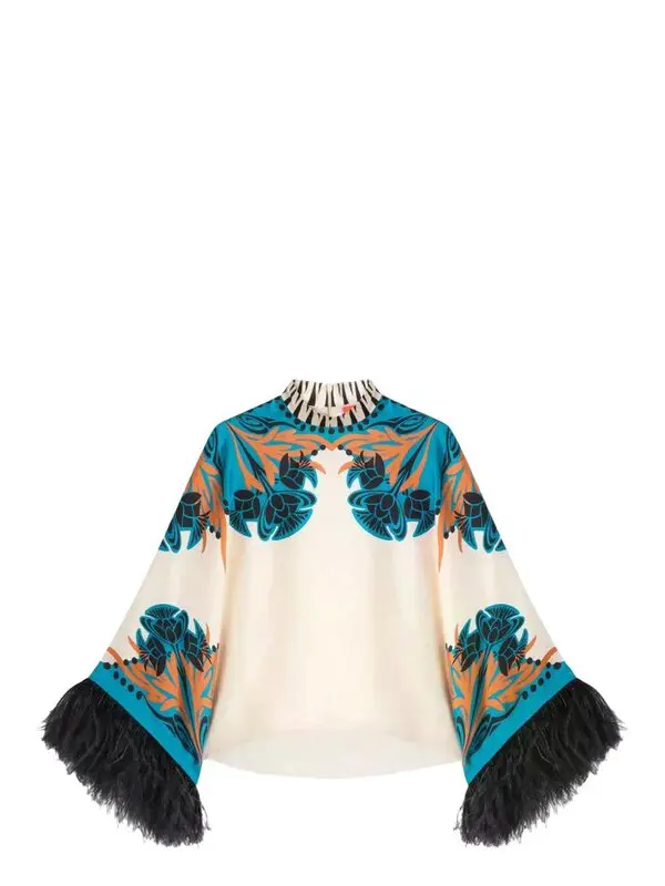 La DoubleJ Floral Feather Silk Blouse - Neutrals