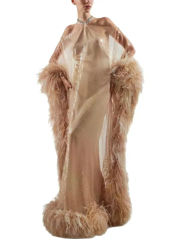 TALLER MARMO Sza Sza Sequin Feather Maxi Dress - Neutrals