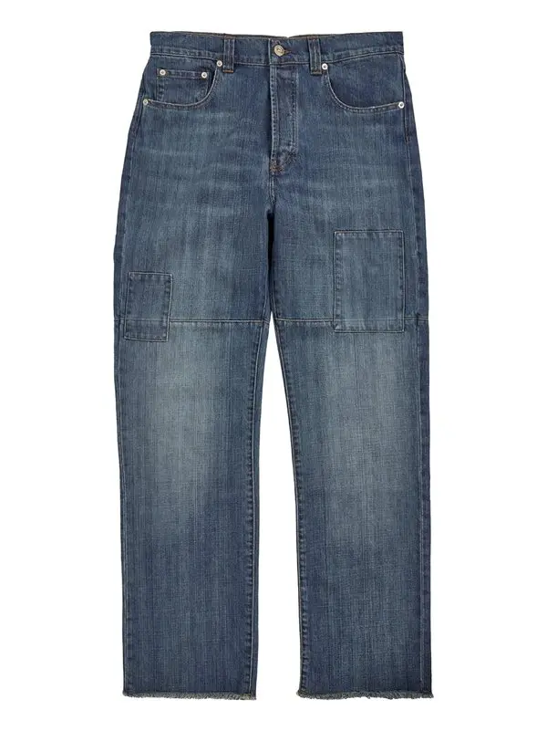 WALES BONNER Frayed Hem Straight Leg Jeans With Patchwork Detail - Blue