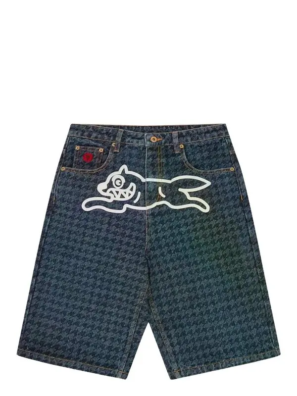 ICECREAM Houndstooth Graphic Denim Shorts - Blue