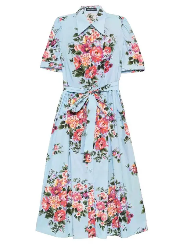 Dolce & Gabbana Floral Print Belted Midi Dress - Blue