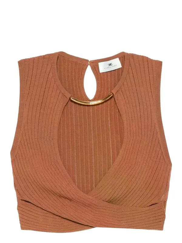 Elisabetta Franchi Ribbed Crossover Knit Top With Gold Detail - Brown