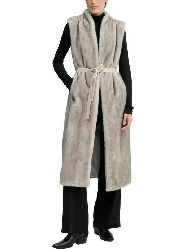 GAUDI Sleeveless Tie Belt Faux Fur Jacket - Grey