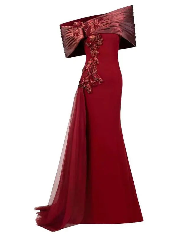 GABY CHARBACHY Off-the-shoulder Gown With Floral Appliqu - Red