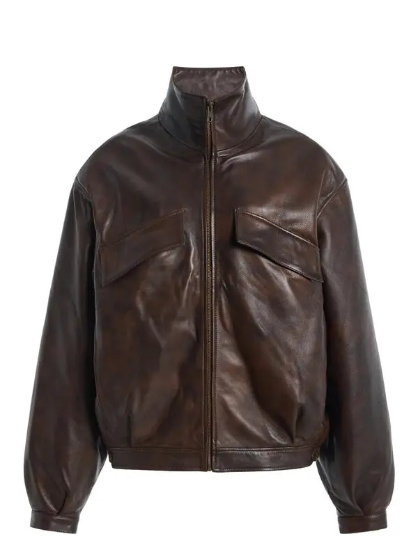SLOAN Exclusive Oversized Leather Bomber Jacket - Brown