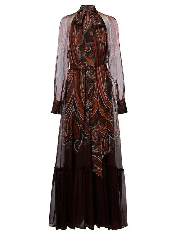 Etro Paisley Tie-neck Silk Maxi Dress - Brown