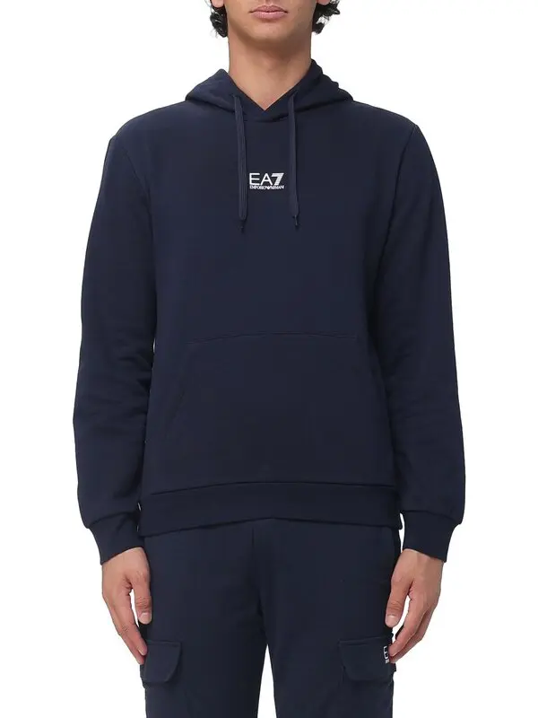 EA7 Cotton Hoodie With Kangaroo Pocket And Contrasting Logo - Blue