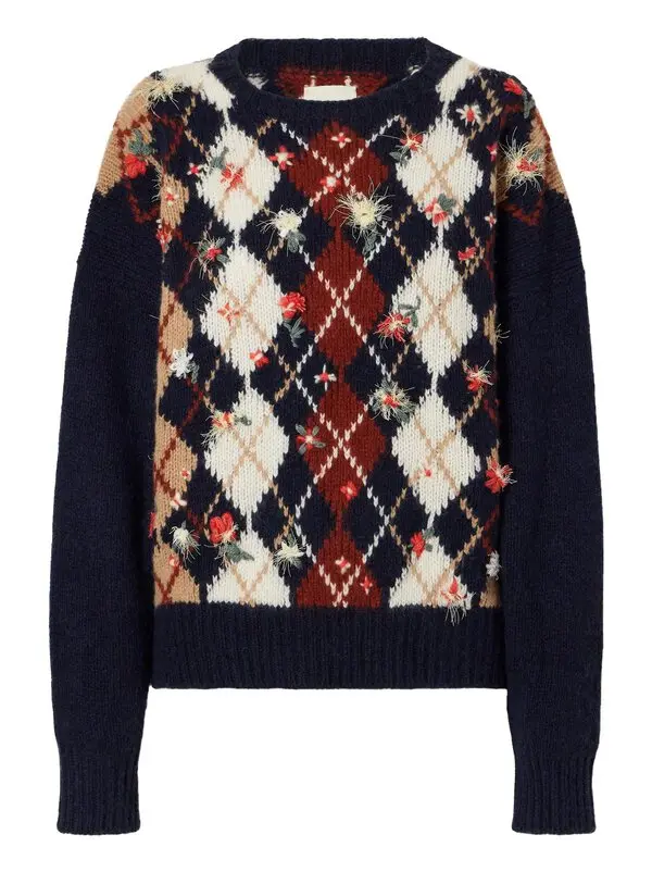 Khaite Timi Checked Embroidered Cashmere And Mohair-blend Sweater - Blue