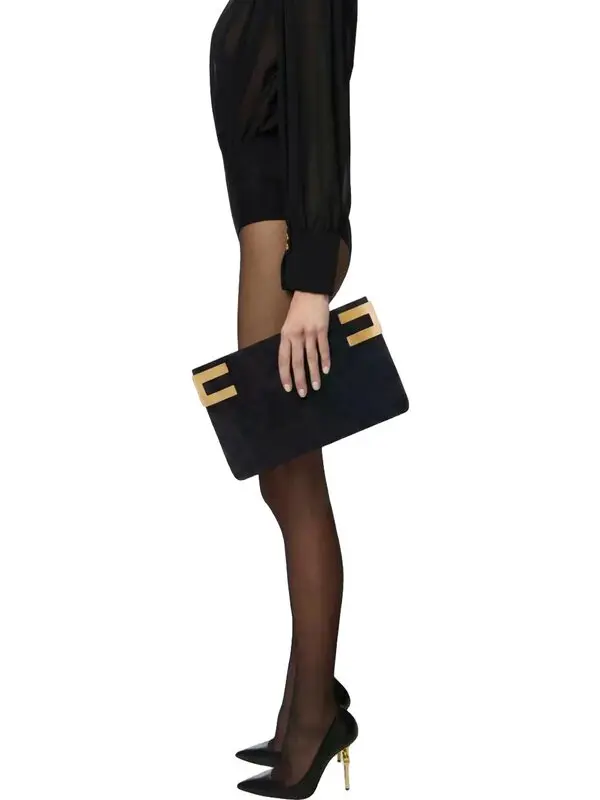 Elisabetta Franchi Rêve Noir Suede Pouch With Metal Logo - Black