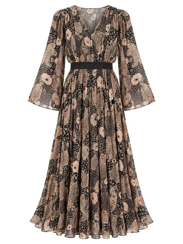 TRAFFIC PEOPLE Faded Glory Black Pink Paisley Print Circe Long Sleeve Maxi Dress - Black/pink