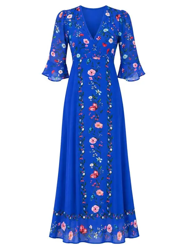 ROSE & NANCY Tory Botanical Floral Border Print Maxi Dress - Blue
