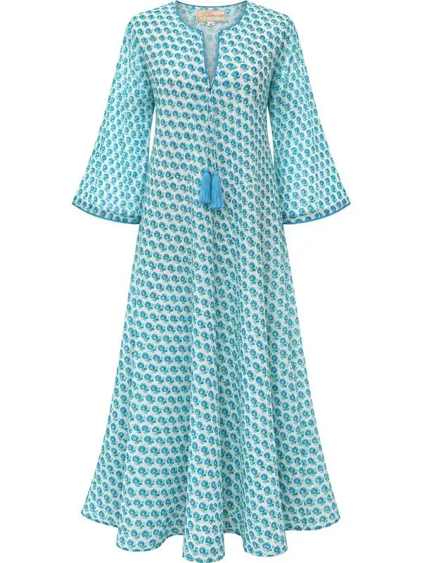 KAMINEE Aqua Floral Cotton Crepe Kaftan Dress - Blue
