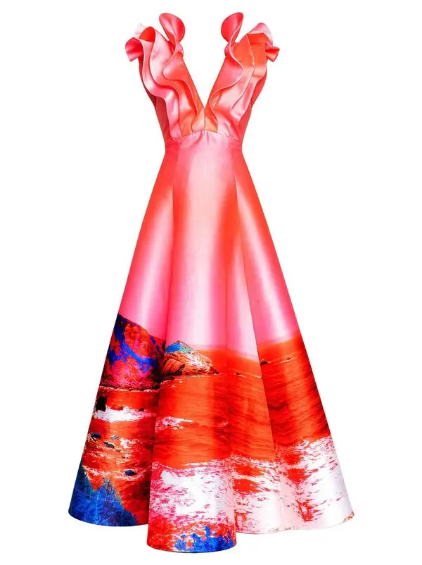 MAXJENNY Butterfly Evening Dress Red Blue Landscape - Pink