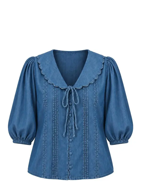 ROSE & NANCY Olive Denim Tencel Collar Blouse - Blue